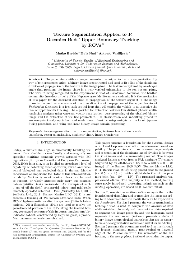 (PDF) Texture segmentation applied to P. Oceanica Beds' upper boundary tracking by ROVs