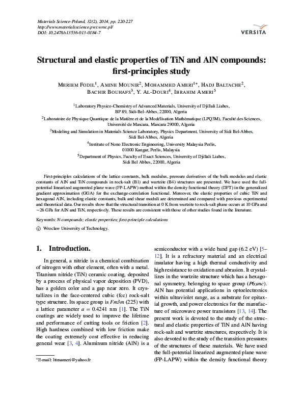 (PDF) Structural and elastic properties of TiN and AlN compounds: first ...