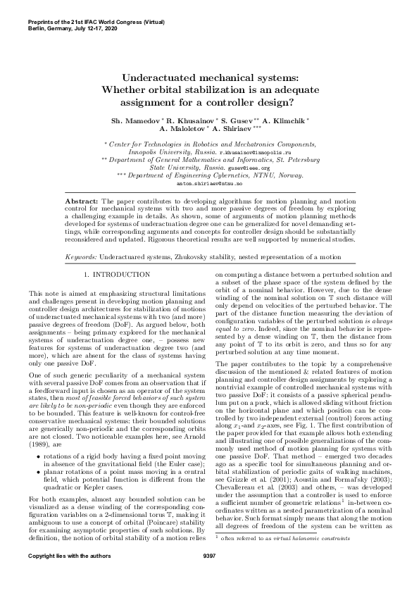 (PDF) Underactuated mechanical systems: Whether orbital stabilization is an adequate assignment ...