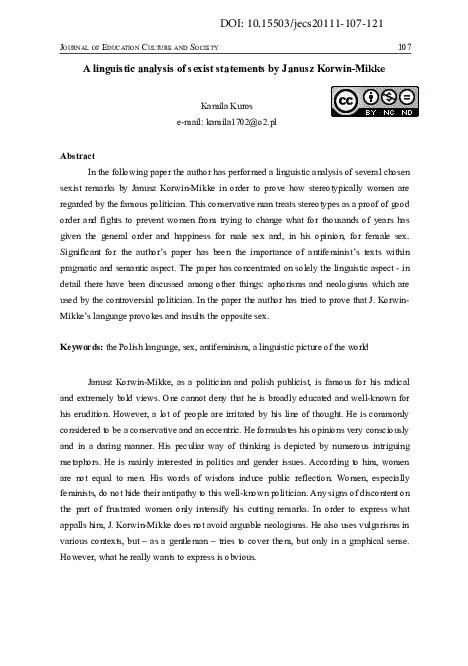 (PDF) A linguistic analysis of sexist statements by Janusz Korwin-Mikke