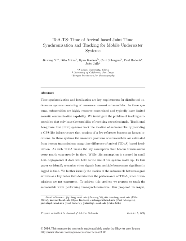 (PDF) ToA-TS: Time of arrival based joint time synchronization and tracking for mobile ...