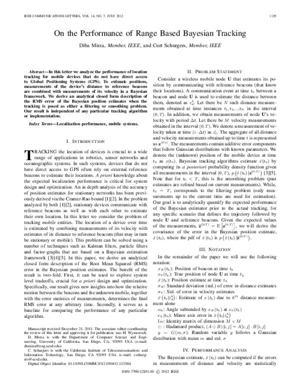 (PDF) On the Performance of Range Based Bayesian Tracking