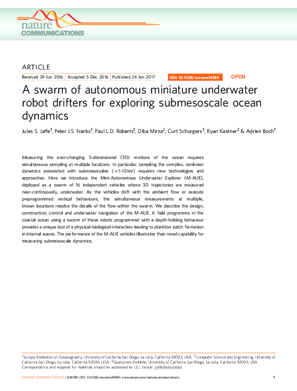 (PDF) A swarm of autonomous miniature underwater robot drifters for exploring submesoscale ocean ...