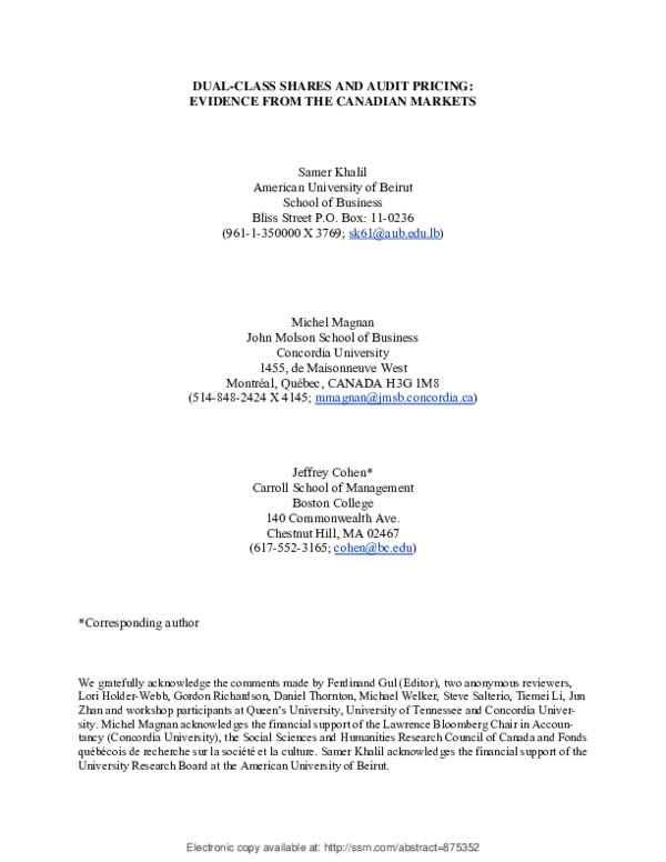 (PDF) Dual-Class Shares and Audit Pricing: Evidence from the Canadian ...