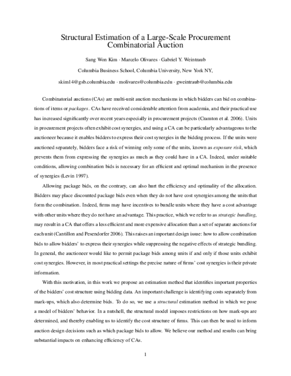 Pdf Structural Estimation Of A Large Scale Procurement Combinatorial Auction