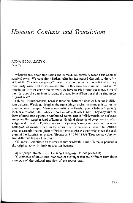 (PDF) Humour, Contexts and Translation