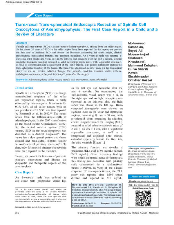 (PDF) Trans-nasal trans-sphenoidal endoscopic resection of spindle cell ...