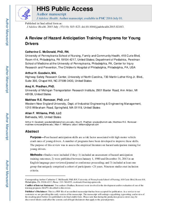 (PDF) A Review of Hazard Anticipation Training Programs for Young ...