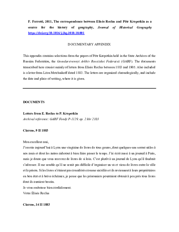 (PDF) F. Ferretti, 2011, The correspondence between Élisée Reclus and Pëtr Kropotkin as a source ...