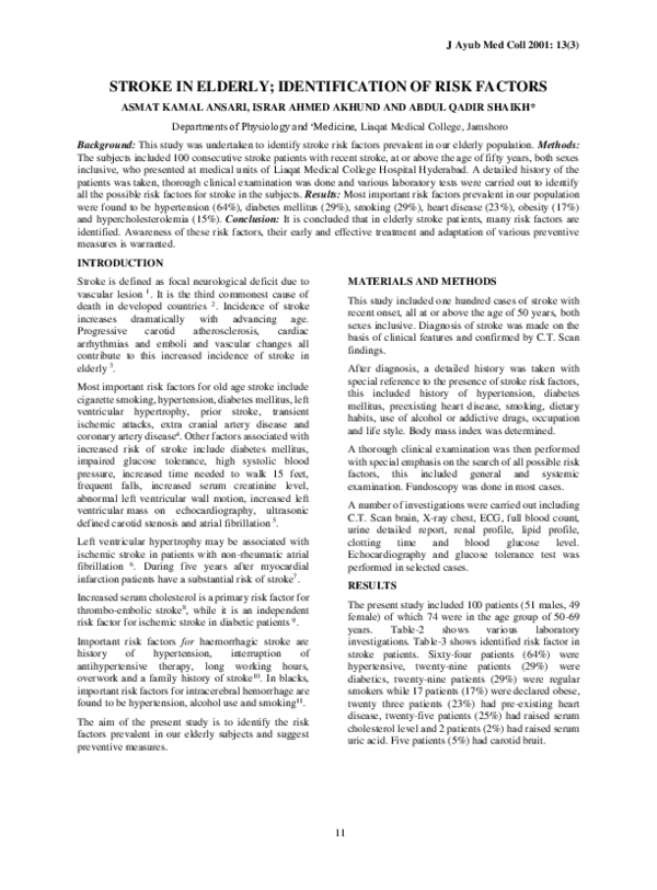 (PDF) Stroke in elderly; identification of risk factors | Asmat Ansari ...