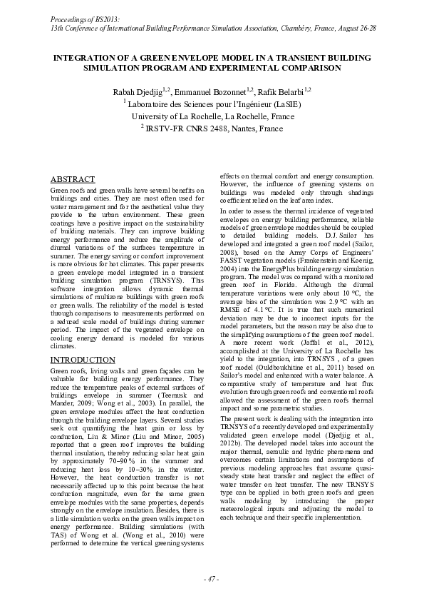 (PDF) Integration Of A Green Envelope Model In A Transient Building ...
