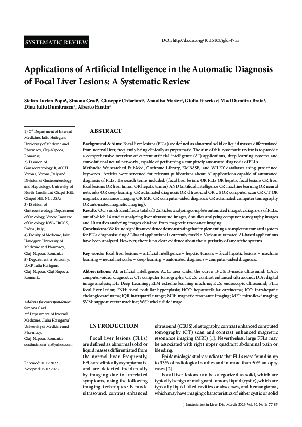 Pdf Applications Of Artificial Intelligence In The Automatic Diagnosis Of Focal Liver Lesions
