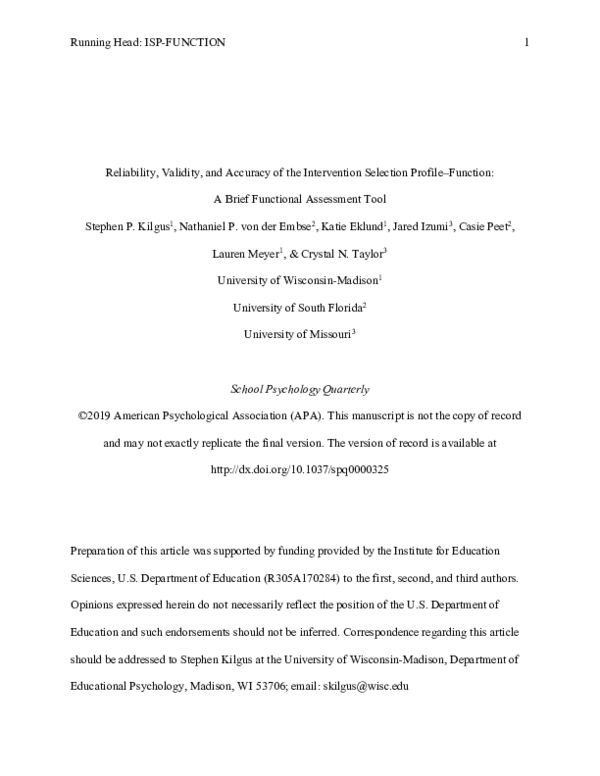 Pdf Reliability Validity And Accuracy Of The Intervention Selection