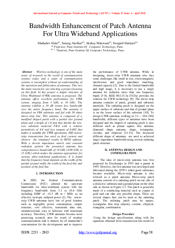 (PDF) Bandwidth Enhancement of Patch Antenna For Ultra Wideband Applications