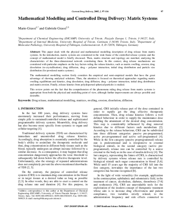 (PDF) Mathematical Modelling and Controlled Drug Delivery: Matrix Systems