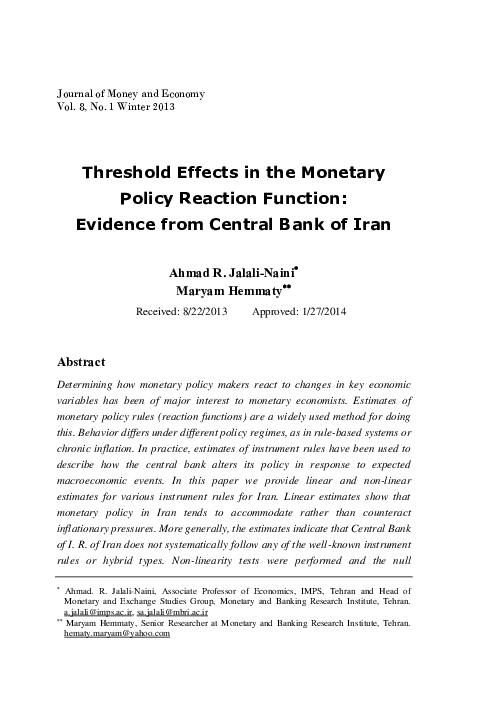 (PDF) Threshold Effects in the Monetary Policy Reaction Function ...