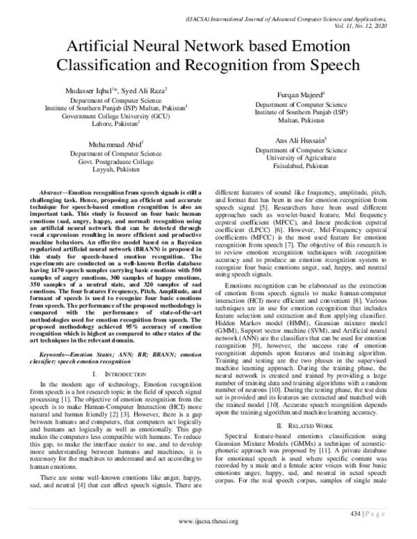 (PDF) Artificial Neural Network based Emotion Classification and Recognition from Speech