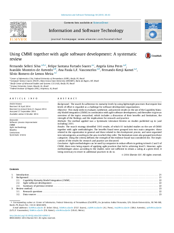 (PDF) Using CMMI together with agile software development: A systematic review | Ivanildo ...