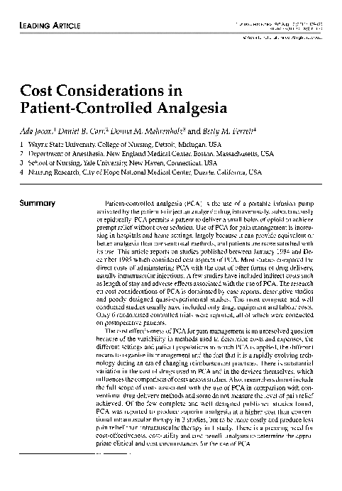 (PDF) Cost Considerations in Patient-Controlled Analgesia