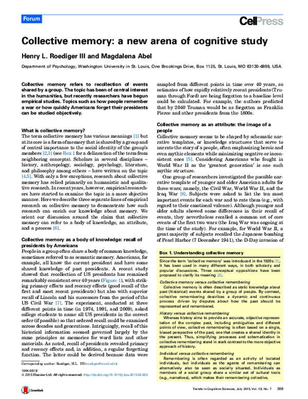 (PDF) Collective memory: a new arena of cognitive study