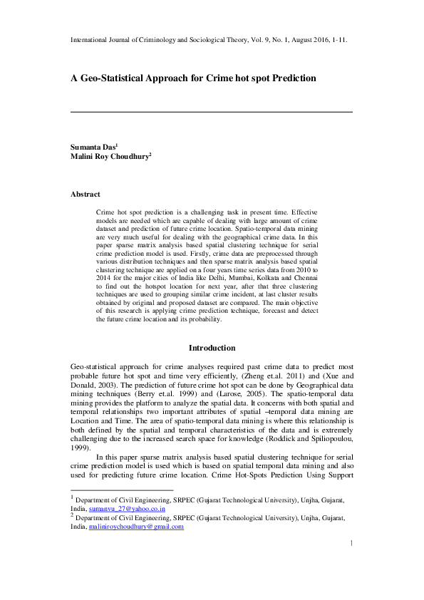 (PDF) A Geo-Statistical Approach for Crime hot spot Prediction
