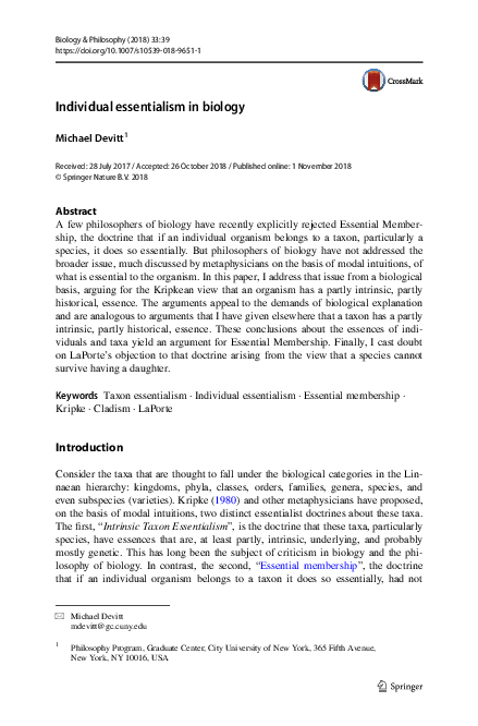 (PDF) Individual Essentialism in Biology