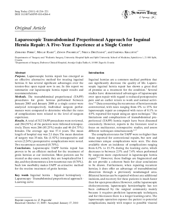 (PDF) Laparoscopic transabdominal preperitoneal approach for inguinal hernia repair: A five-year ...