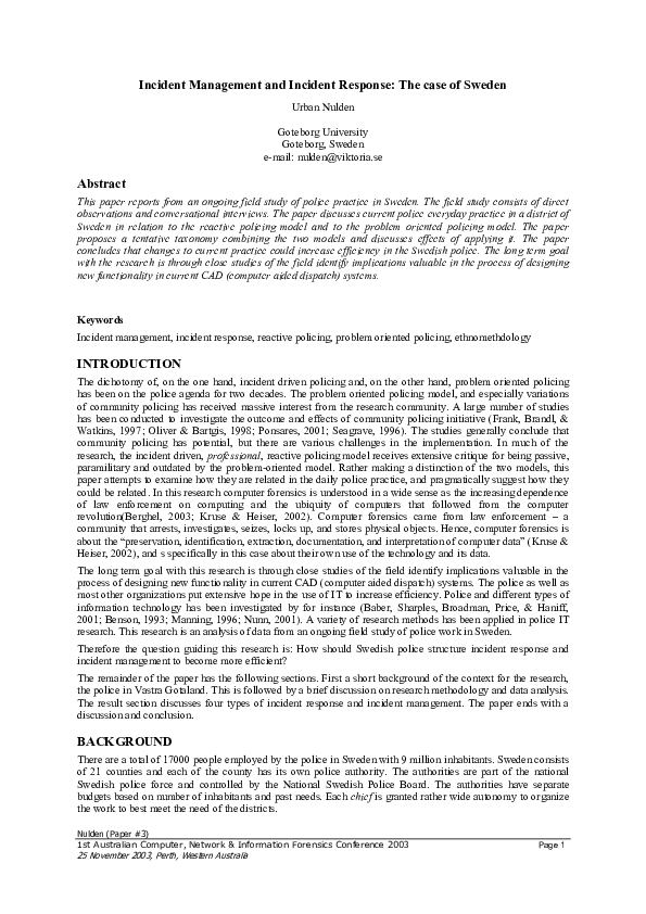 (PDF) Incident Management and Incident Response: The Case of Sweden