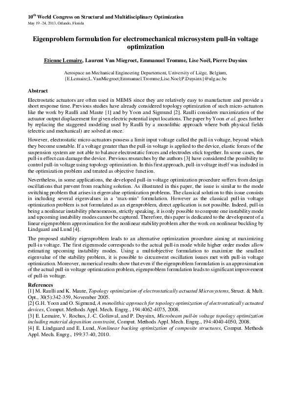 (PDF) Eigenproblem formulation for electromechanical microsystem pull-in voltage optimization