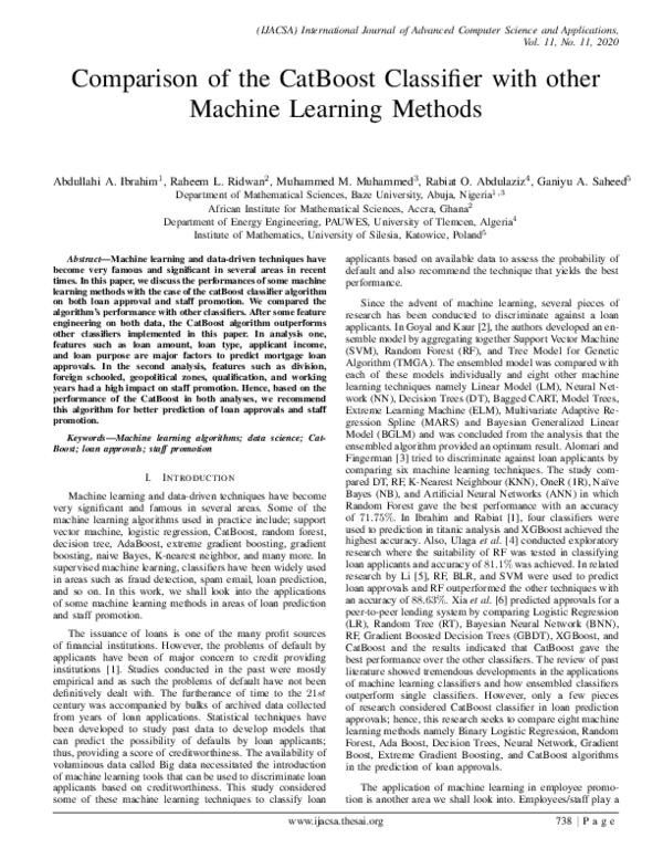 Pdf Comparison Of The Catboost Classifier With Other Machine Learning Methods 