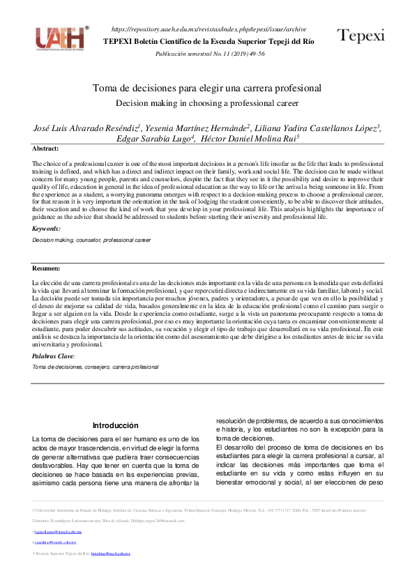 (PDF) Toma de decisiones para elegir una carrera profesional