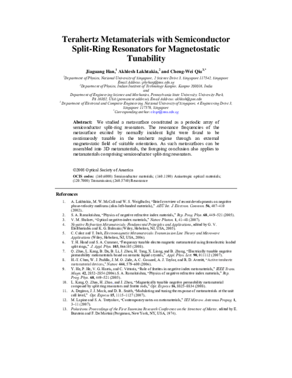 (PDF) Terahertz metamaterials with semiconductor split-ring resonators for magnetostatic tunability