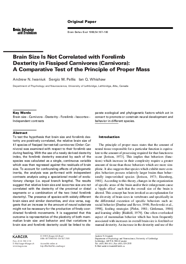 (PDF) Brain Size Is Not Correlated with Forelimb Dexterity in Fissiped ...