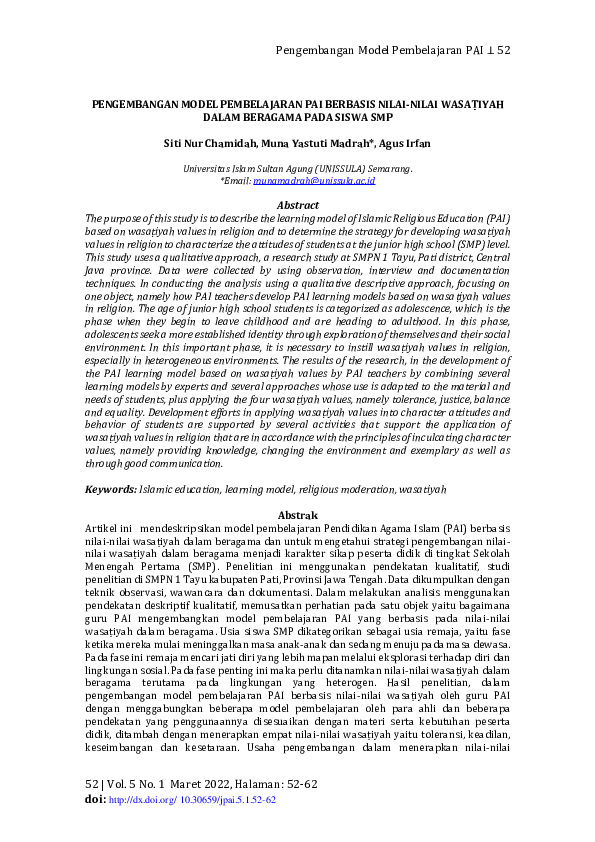 (PDF) Pengembangan Model Pembelajaran PAI Berbasis Nilai-Nilai Wasa?iyah dalam Beragama pada ...