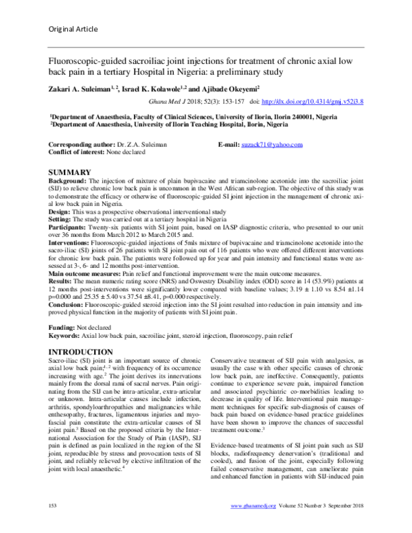 (PDF) Fluoroscopic-guided sacroiliac joint injections for treatment of ...