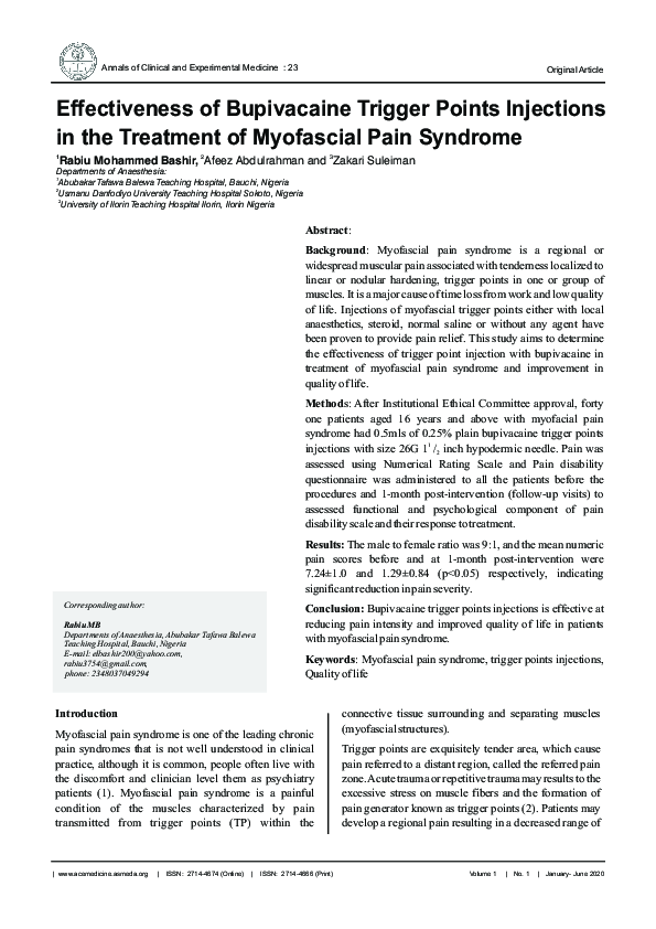 (PDF) Effectiveness of Bupivacaine Trigger Points Injections in the ...