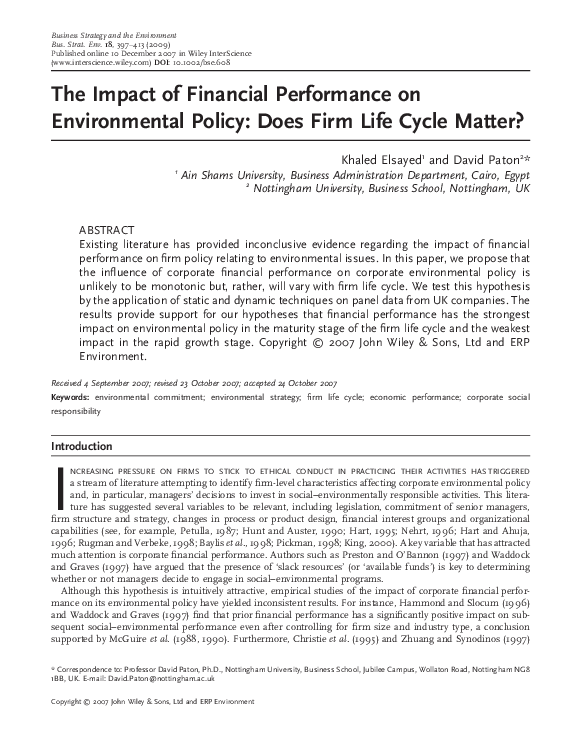(PDF) The impact of financial performance on environmental policy: does ...