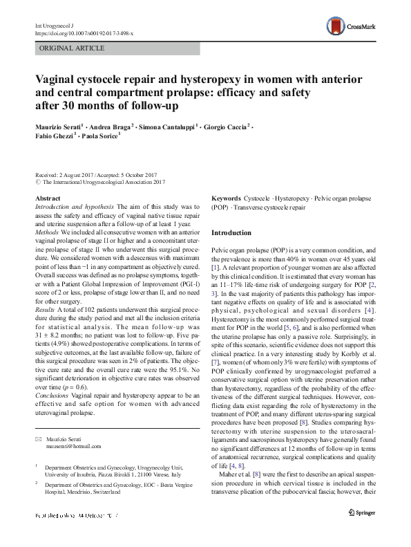 (PDF) Vaginal cystocele repair and hysteropexy in women with anterior ...