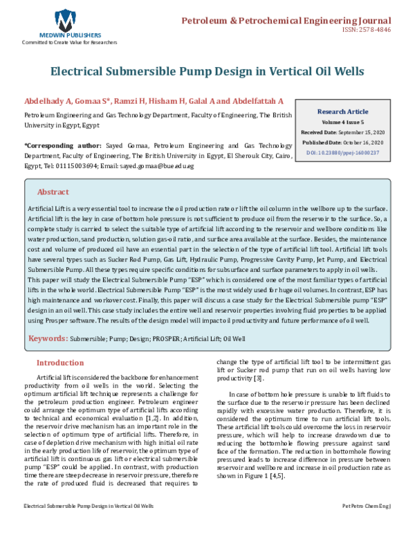 (PDF) Electrical Submersible Pump Design in Vertical Oil Wells