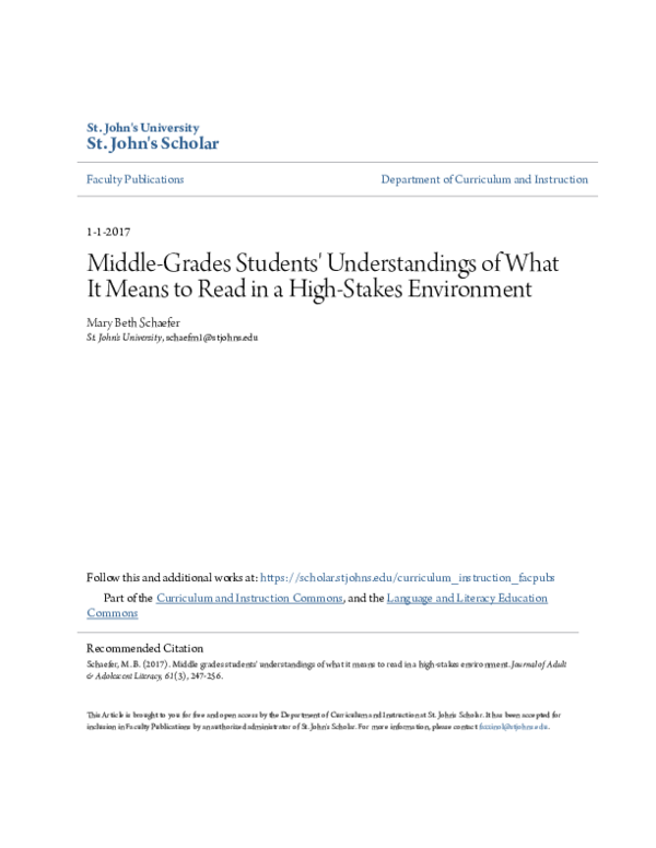 (PDF) Middle-Grades Students' Understandings of What It Means to Read ...