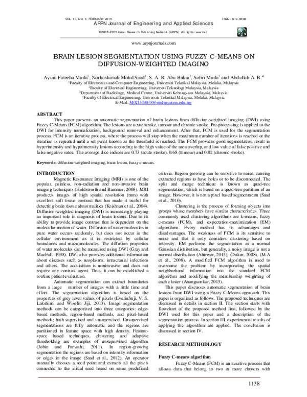 Pdf Brain Lesion Segmentation Using Fuzzy C Means On Diffusion Weighted Imaging