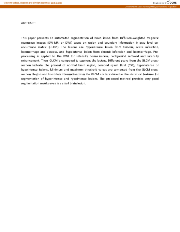 (PDF) Brain lesion segmentation of Diffusion-weighted MRI using gray level co-occurrence matrix ...