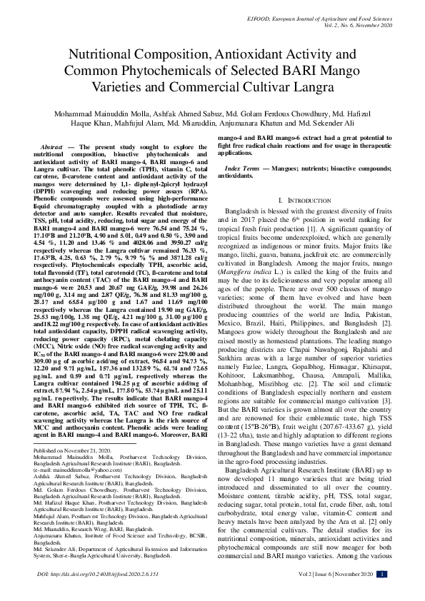 (PDF) Nutritional Composition, Antioxidant Activity and Common Phytochemicals of Selected BARI ...