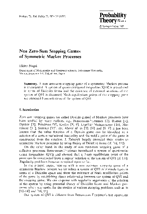 (PDF) Non zero-sum stopping games of symmetric Markov processes (PDF) Non zero-sum stopping games of symmetric Markov processes
