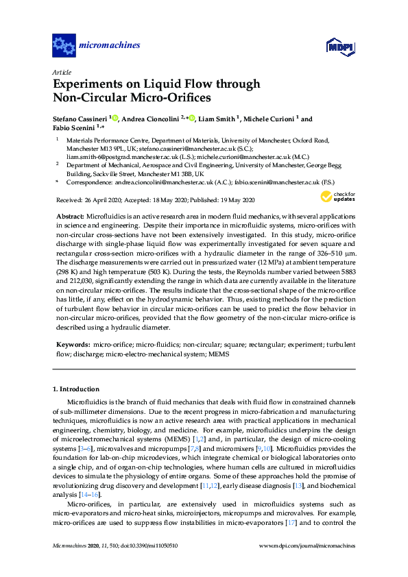 (PDF) Experiments on Liquid Flow through Non-Circular Micro-Orifices