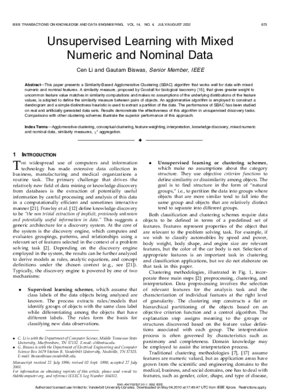 Pdf Unsupervised Learning With Mixed Numeric And Nominal Data Gautam Biswas