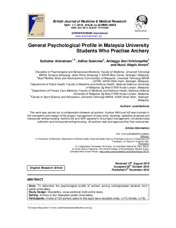 (PDF) General Psychological Profile in Malaysia University Students Who ...