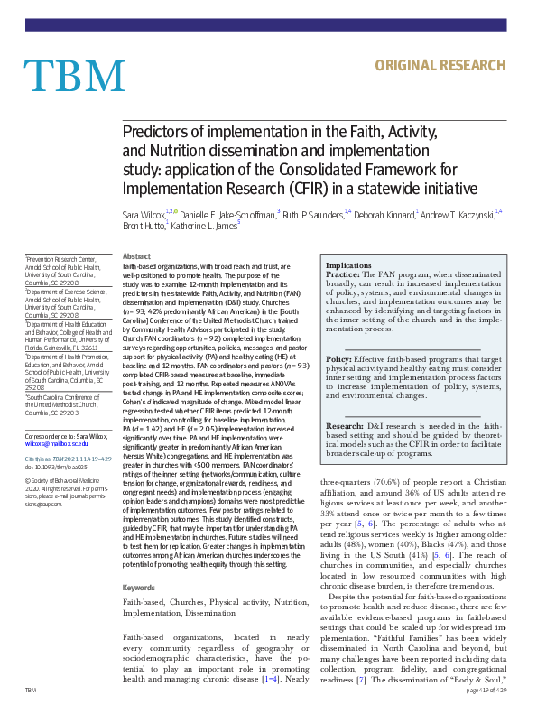 (PDF) Predictors of implementation in the Faith, Activity, and ...