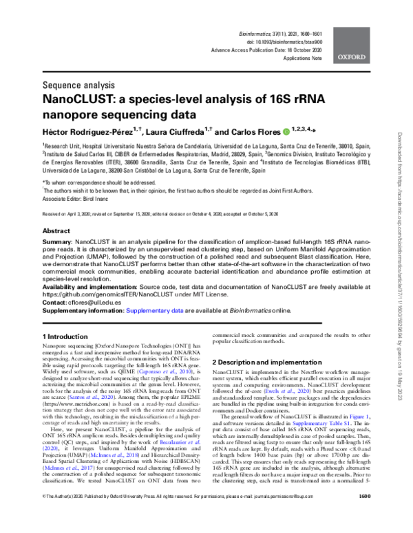 (PDF) NanoCLUST: a species-level analysis of 16S rRNA nanopore sequencing data