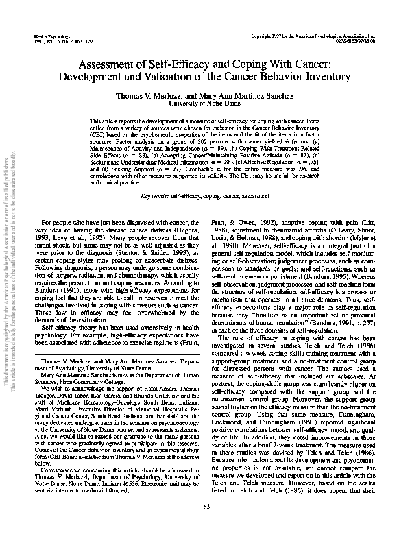 (PDF) Assessment of self-efficacy and coping with cancer: Development ...